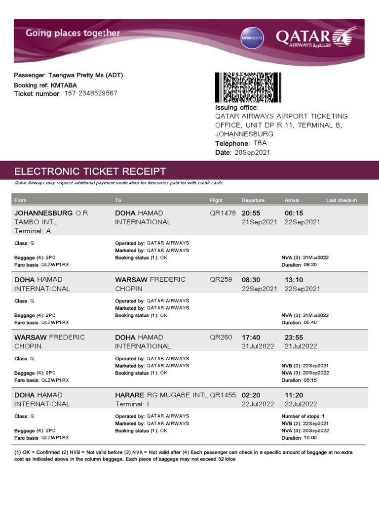 Qatar Airways Itinerary and Ticket Receipt for Travel from Johannesburg ...