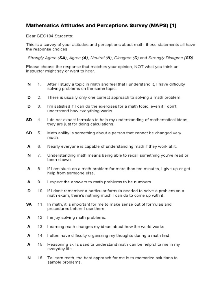 MAPS - Mathematics Attitudes and Perceptions Survey | PDF | Teaching ...