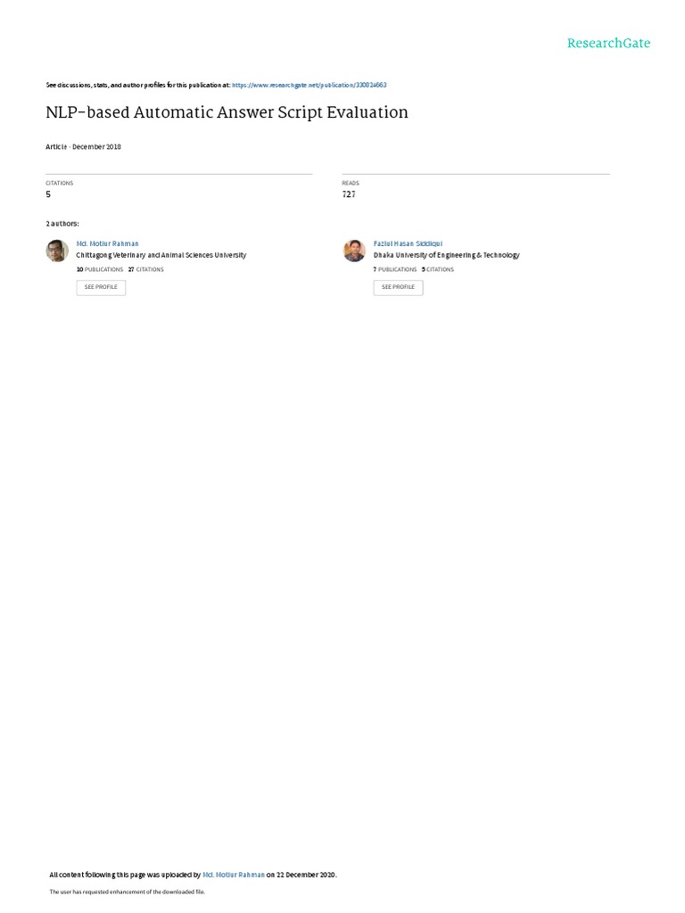 NLP Based Automatic Answer Script Evaluation | PDF | Computer Science | Applied Mathematics