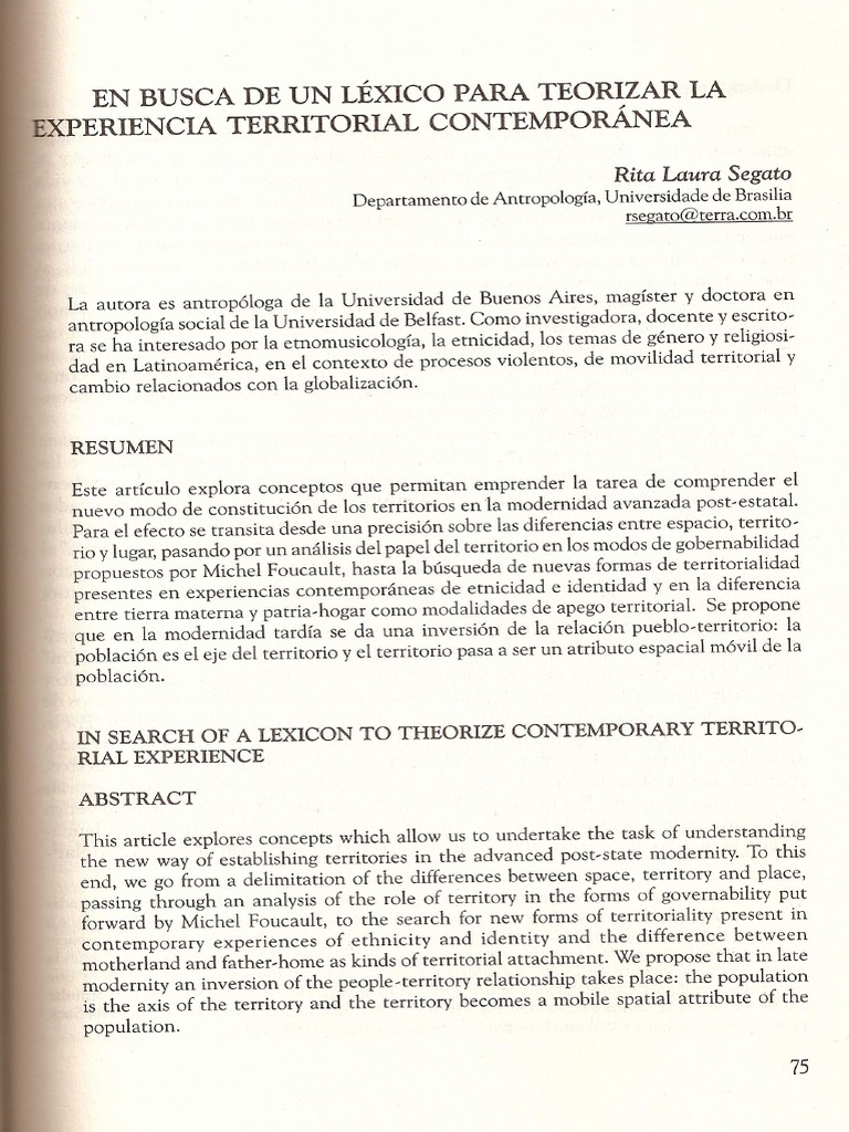 SEGATO, Rita Laura (2006) - en Busca de Un Léxico para Teorizar La Experiencia Territorial ...