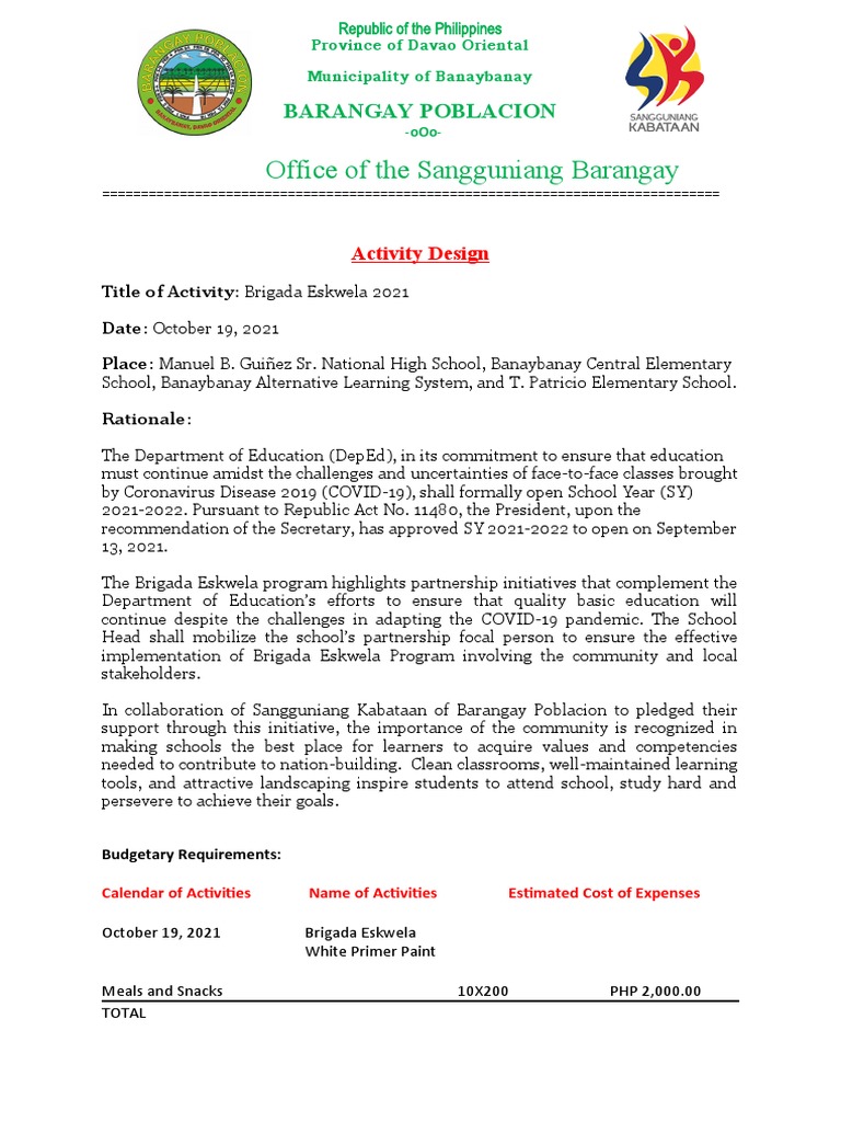 Activity Design For Brigada | PDF