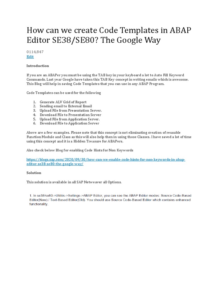 How Can We Create Code Templates in ABAP Editor SE38 - SE80 The Google ...