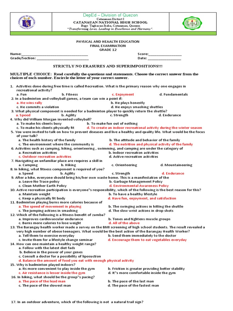 Grade 12 PE Final Exam 4th Quarter | PDF | Preventive Healthcare | Self ...