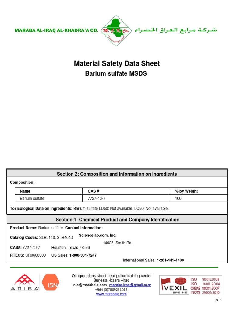Material Safety Data Sheet: Barium Sulfate MSDS | PDF | Toxicity | Water