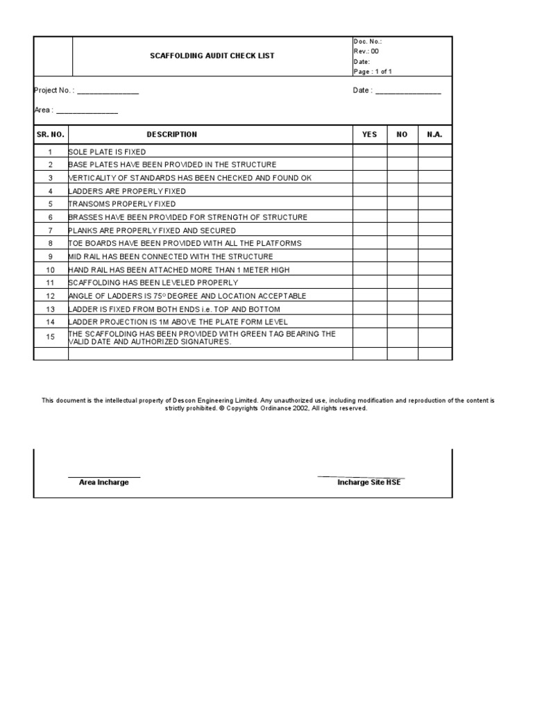 HSE Scaffolding Audit Check List | PDF