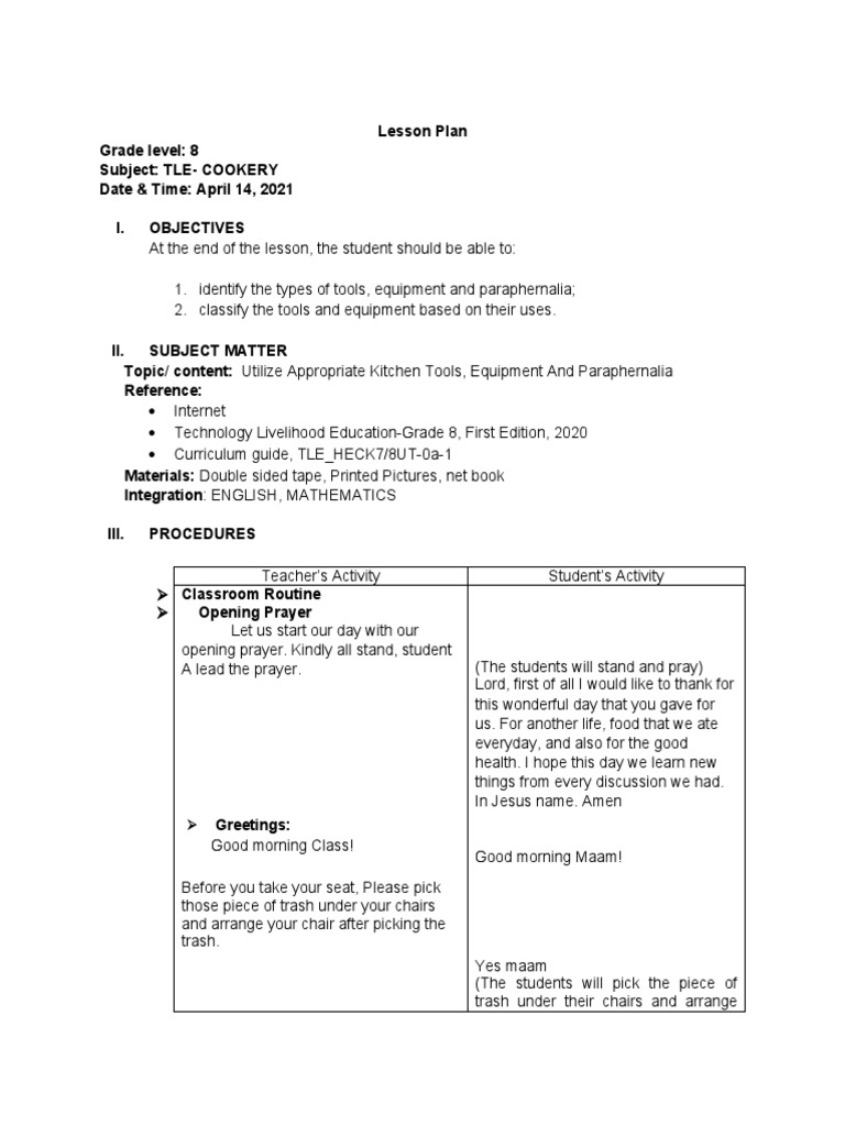 Demo Teaching 2 Lesson Plan | PDF | Kitchen | Lesson Plan