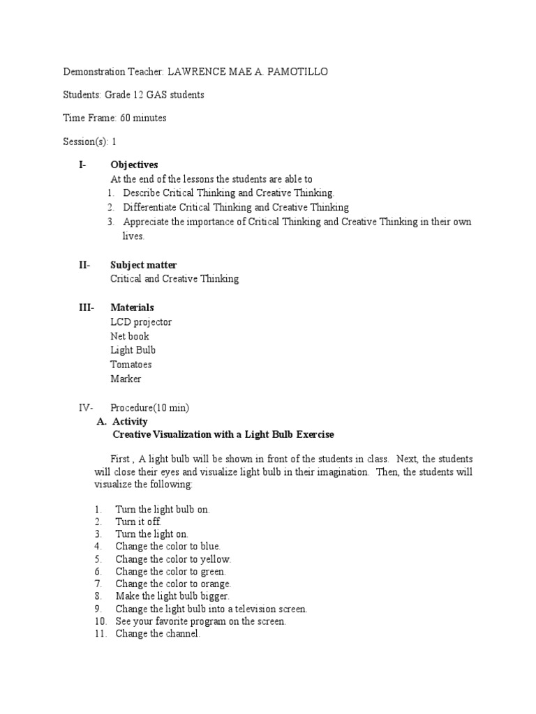 Critical Thinking Skills Lesson Plan | PDF | Critical Thinking | Thought