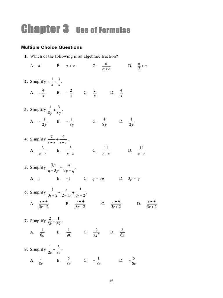 Use of Formulae: Multiple Choice Questions | PDF | Area | Mathematics