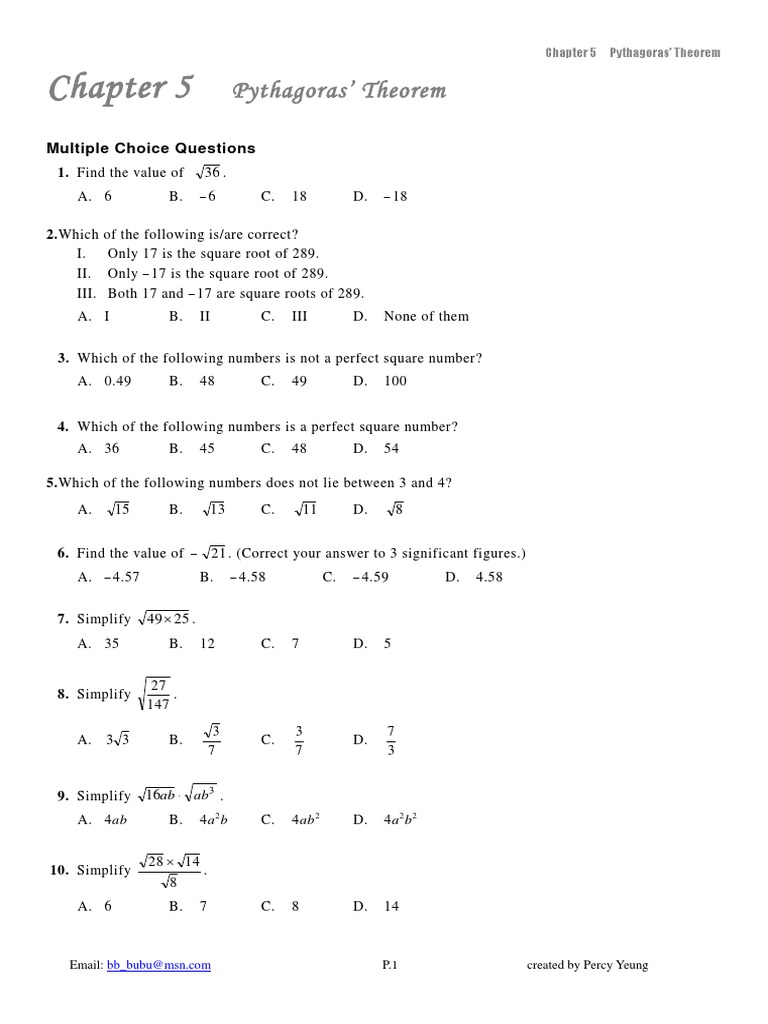 Pythagoras' Theorem: Multiple Choice and Problem-Solving Questions ...
