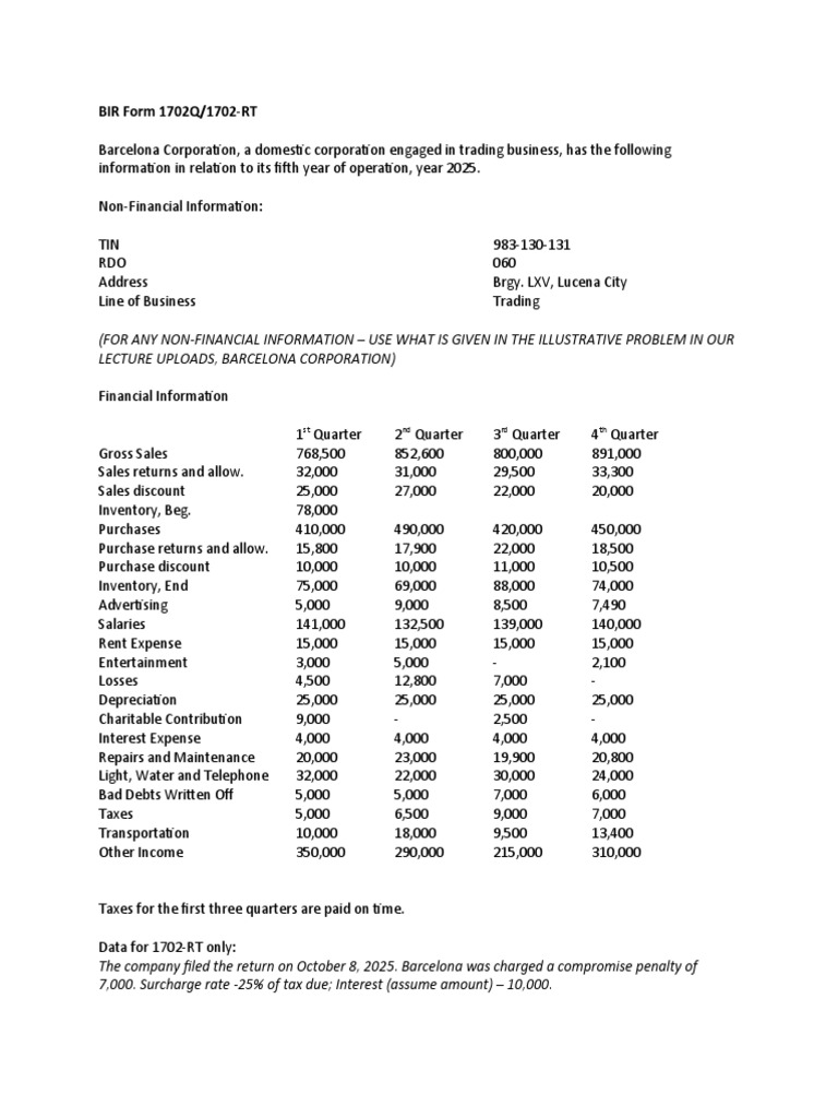 BIR Form 1702Q/1702-RT: ST ND RD TH | PDF | Taxes | Government