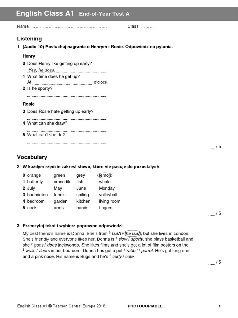 4b Fulczyk 4b Angielski Test Diagnostyczny English Class A1 End of Year ...