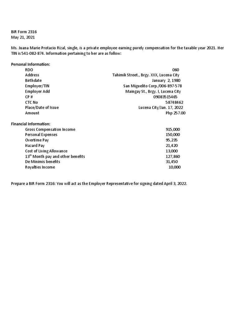 Bir Form 2316 2021 | PDF