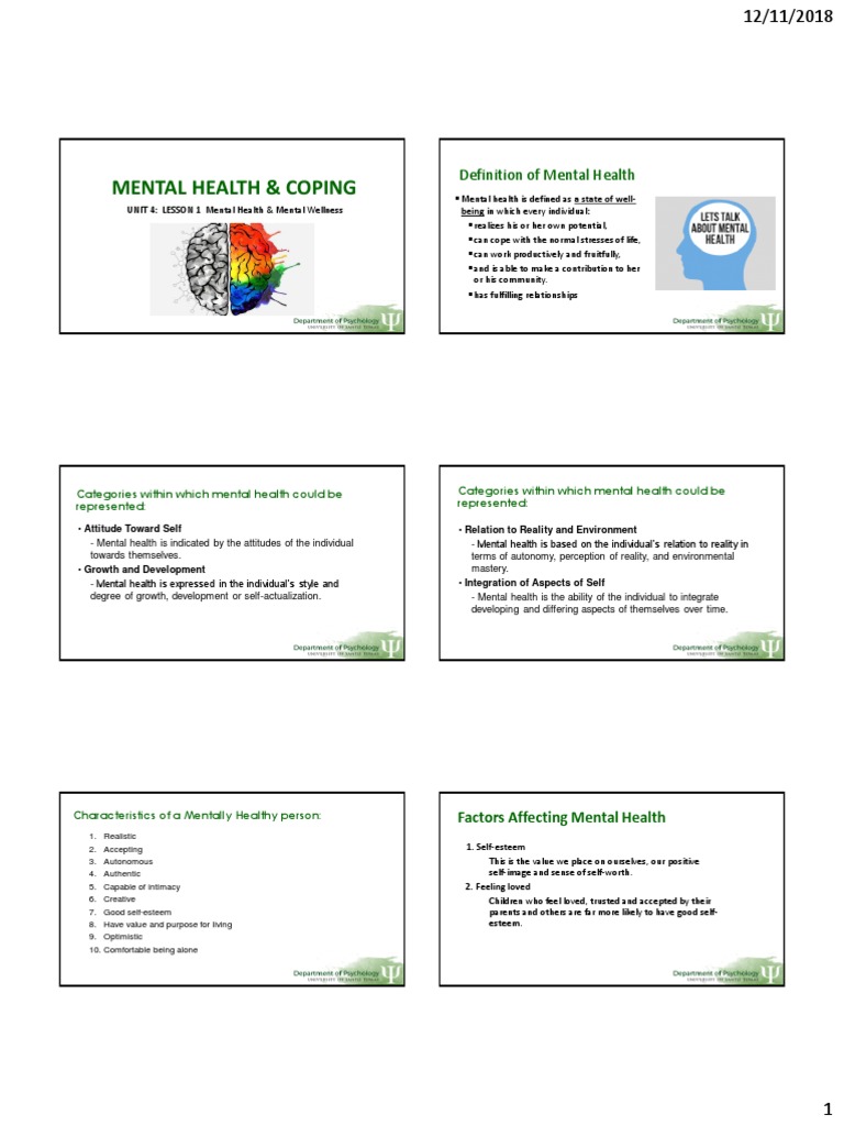 Unit 4 - Mental Health, Stress, and Coping (Final) | PDF | Mental ...