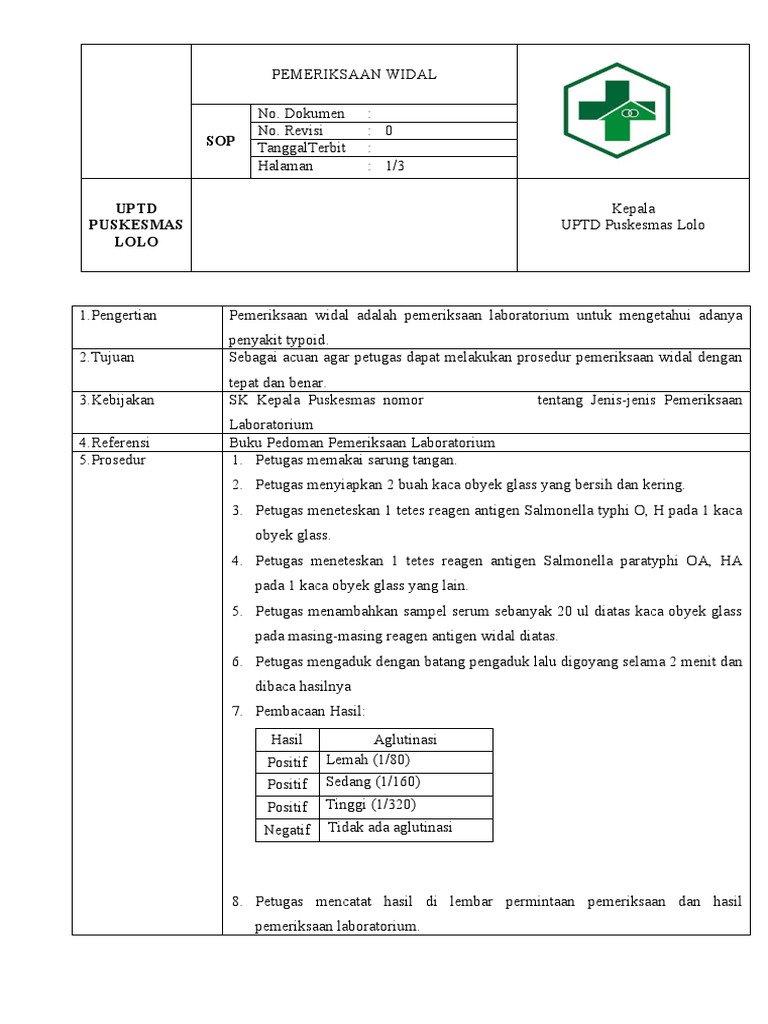 Prosedur Pemeriksaan Widal Laboratorium | PDF | Sains & Matematika