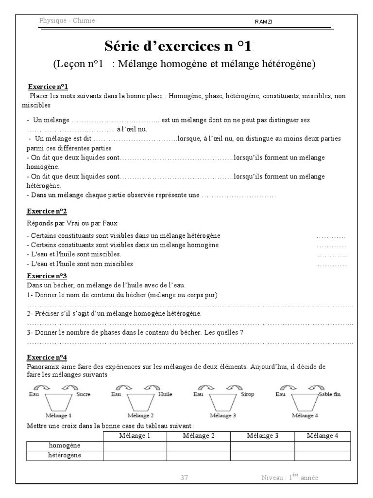 Série 1: Mélange Homogène Et Mélange Hétérogène | PDF