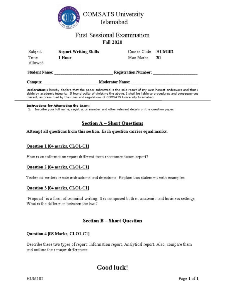 COMSATS University Islamabad First Sessional Examination: Fall 2020 | PDF