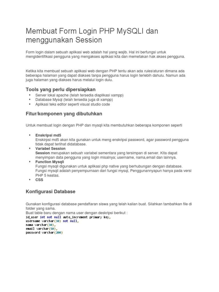 Membuat Form Login PHP MySQLI Dan Menggunakan Session | PDF
