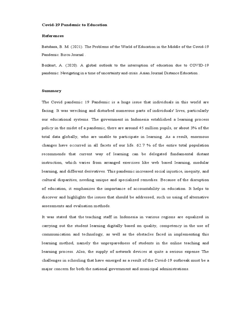 Covid-19 Pandemic To Education References | PDF