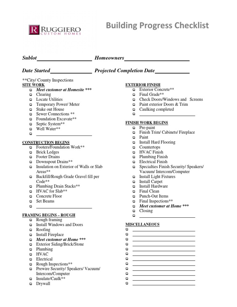 Building Progress Checklist | PDF | Framing (Construction) | Wall