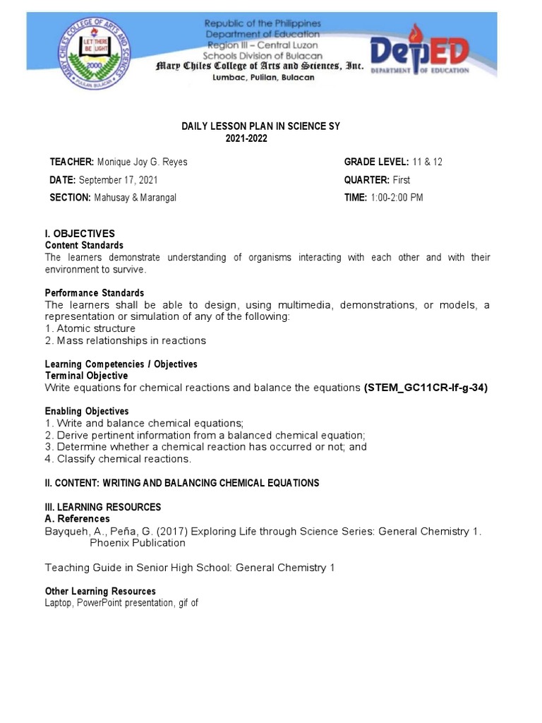 Balancing Chemical Equations Lesson Plan | PDF | Learning | Chemistry