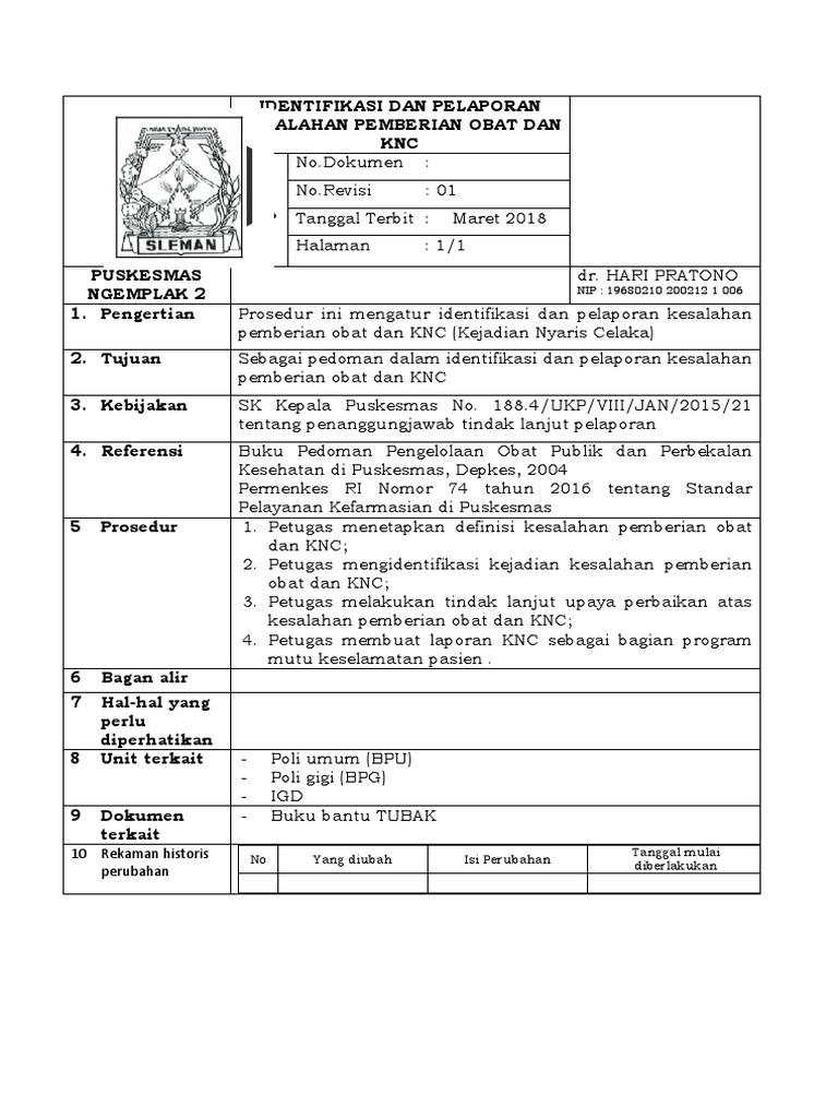 Spo Identifikasi Dan Pelaporan Kesalahan Pemberian Obat Dan KNC | PDF Spo Identifikasi Dan Pelaporan Kesalahan Pemberian Obat Dan KNC | PDF