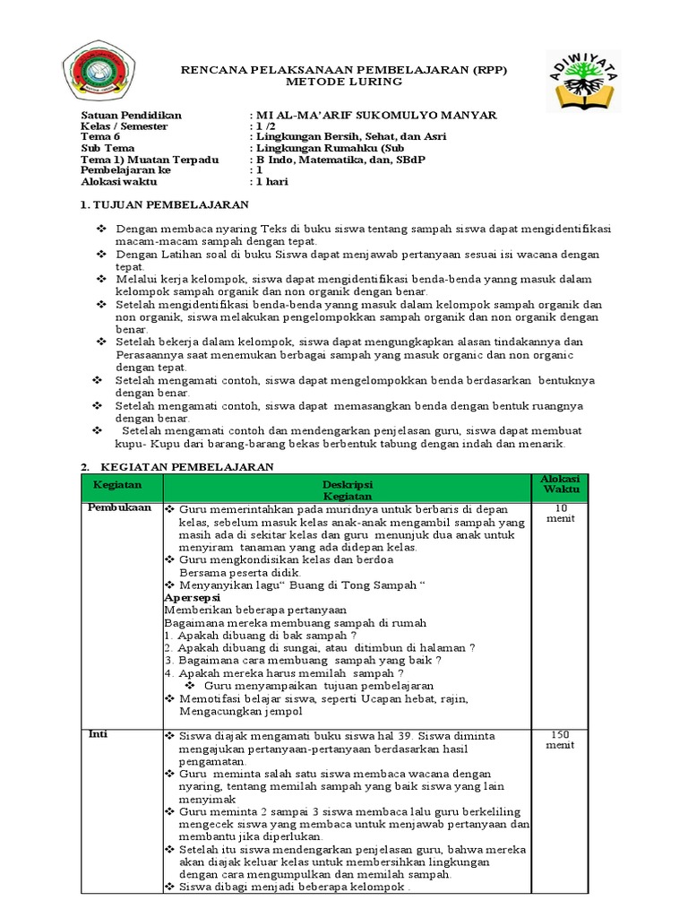 RPP Luring Kelas 1 Tema 6 Sub Tema 2, Anis | PDF