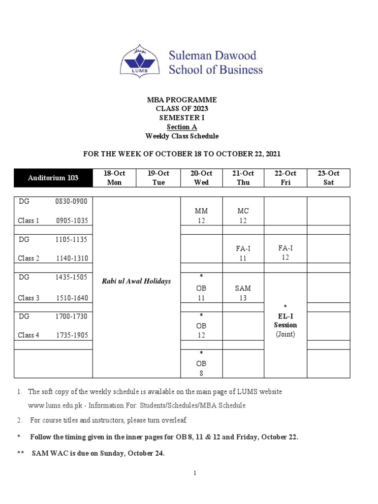 MBA Class Schedule Oct 18-22 | PDF | Communication | Business