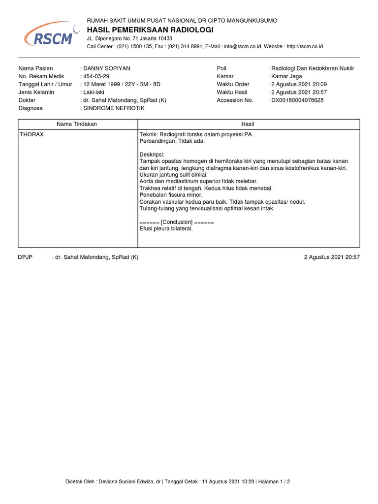 Hasil Pemeriksaan Radiologi Thorax | PDF