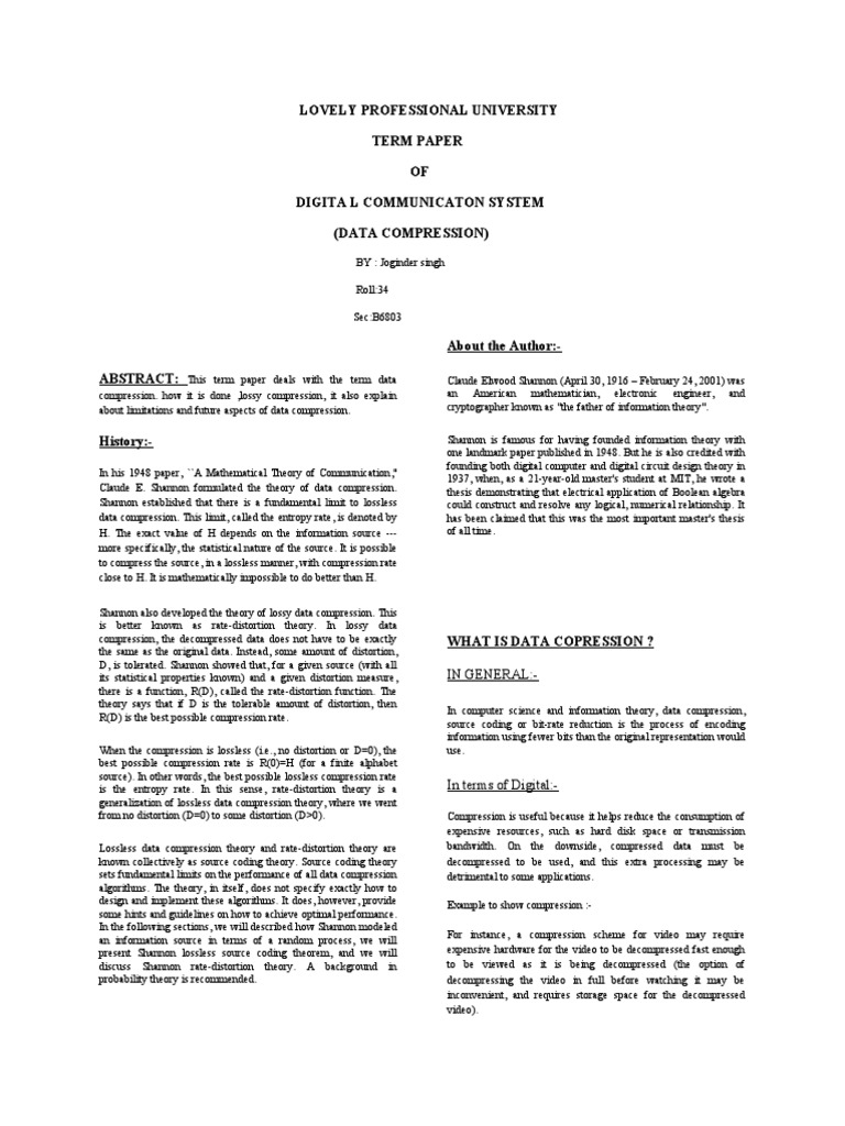 Lovely Professional University Term Paper OF Digita L Communicaton System (Data Compression ...
