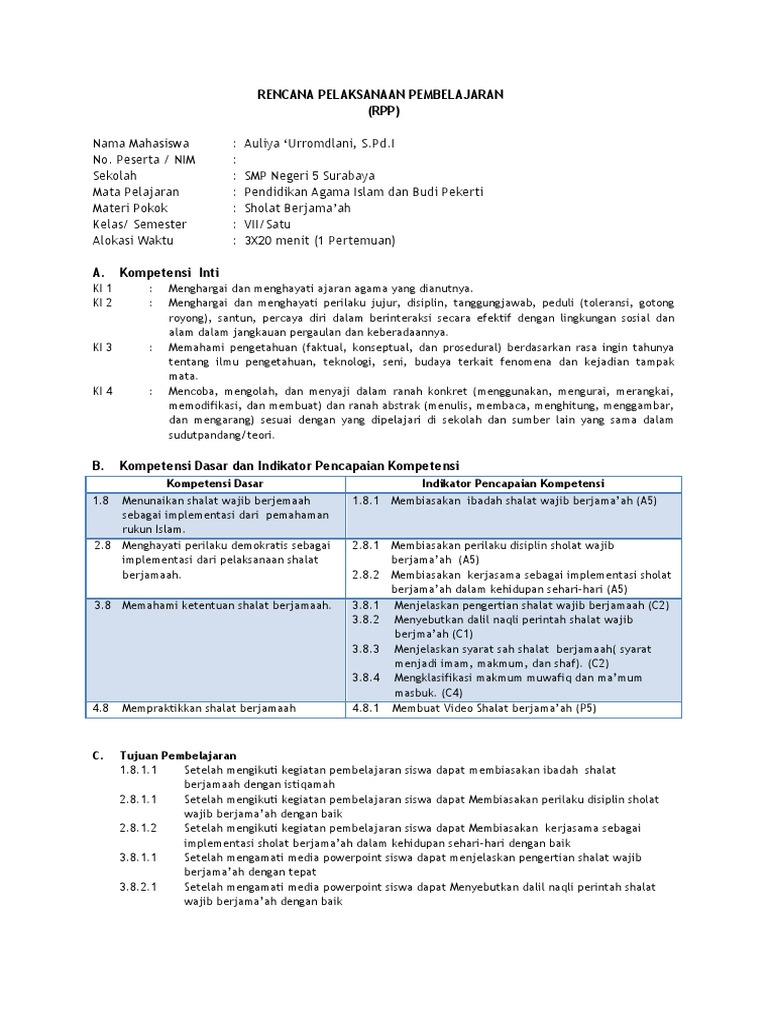 TUGAS RPP 2 KD SHOLAT BERJAMA'AH - Compressed | PDF