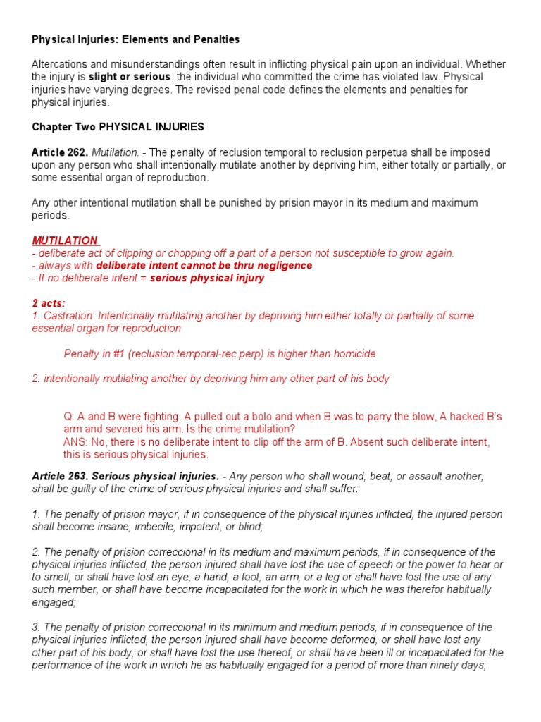 Physical Injuries - Elements and Penalties | PDF | Common Law | Crime ...