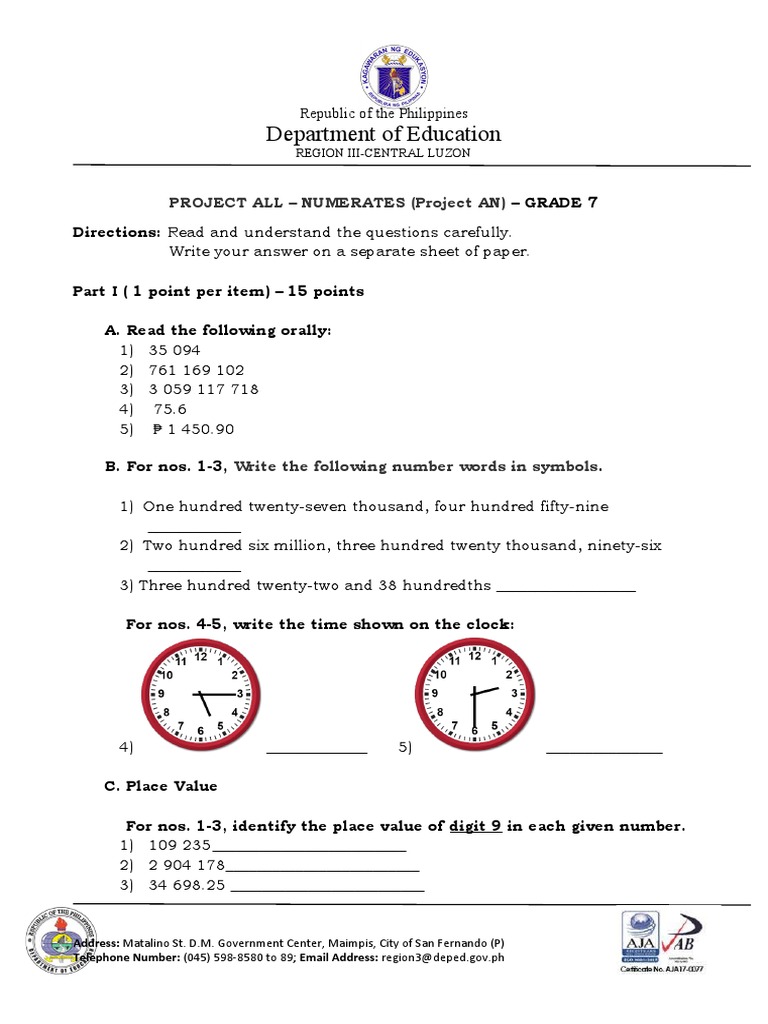 Project AN Grade 7 Assessment Tool Edited 1 | PDF | Arithmetic ...