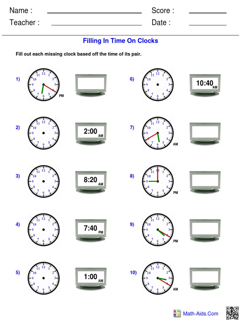 Name: Teacher: Date: Score:: Filling in Time On Clocks | PDF