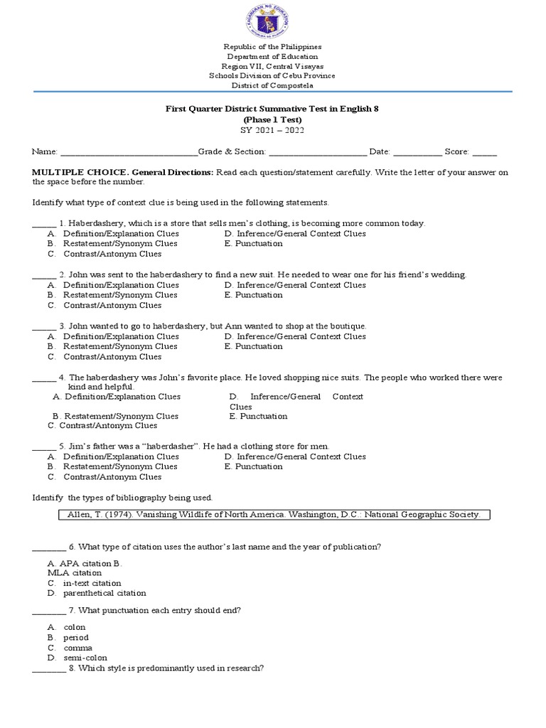 English 8 First Quarter Summative Test | PDF | Citation | Apa Style
