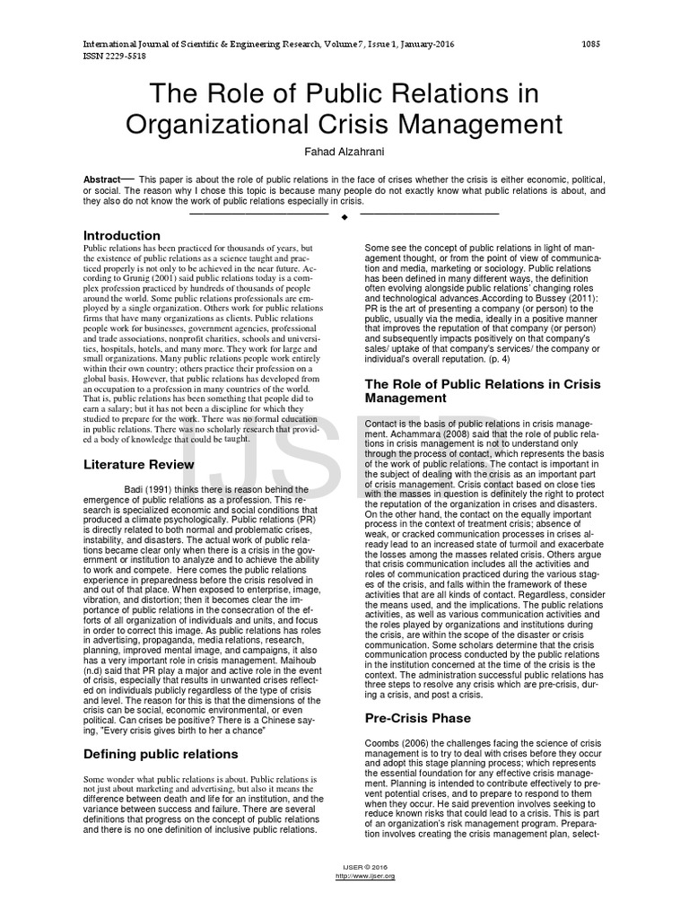 The Role of Public Relations in Organiza Tional Crisis Management | PDF | Public Relations ...