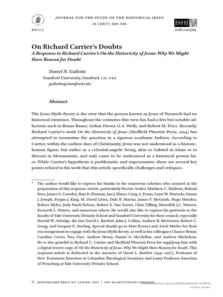 Journal For The Study of The Historical Jesus) On Richard Carrier's ...