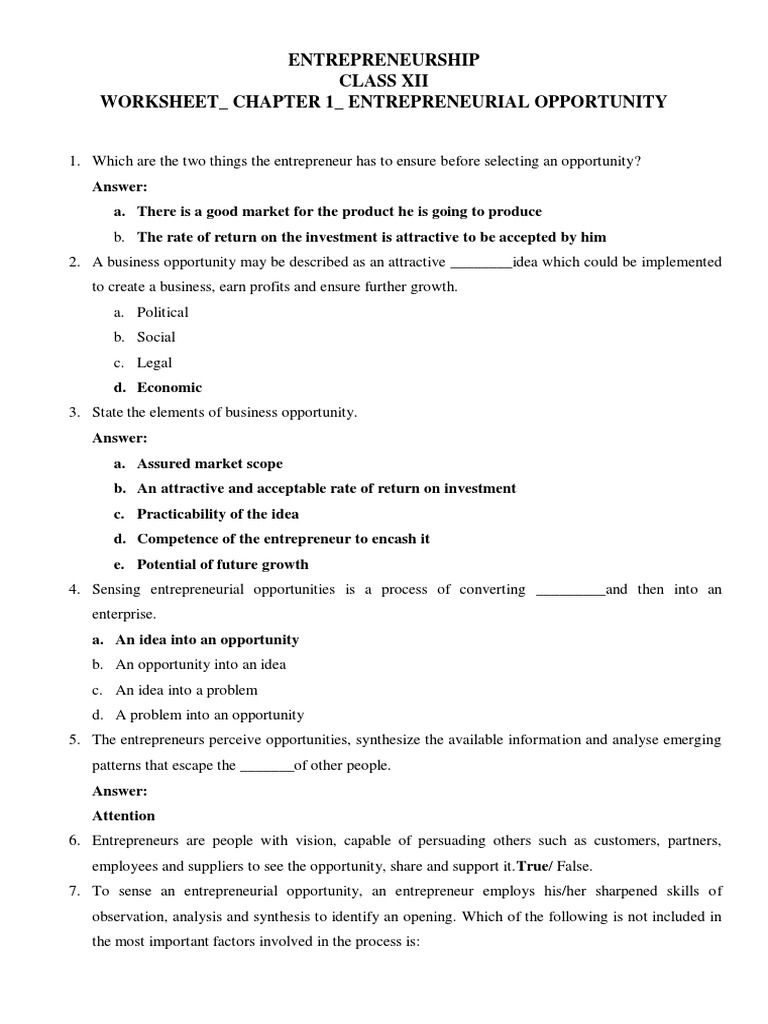 Entrepreneurship Class Xii Worksheet - Chapter 1 - Entrepreneurial ...
