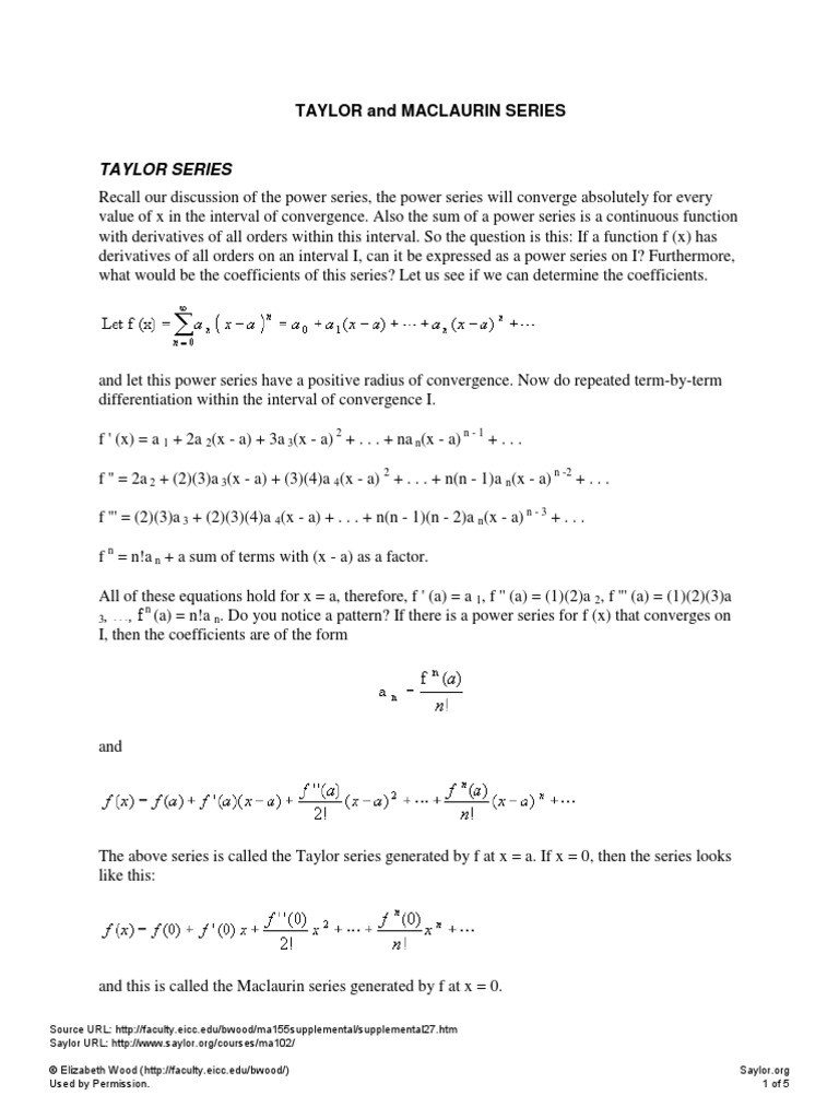 Taylor and Maclaurin Series (Ol) Dehwk:Rrg | PDF | Power Series | Real ...