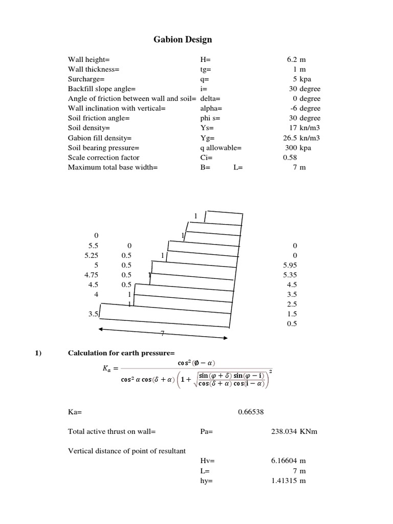 Gabion Design: 1) Calculation For Earth Pressure | PDF | Civil ...