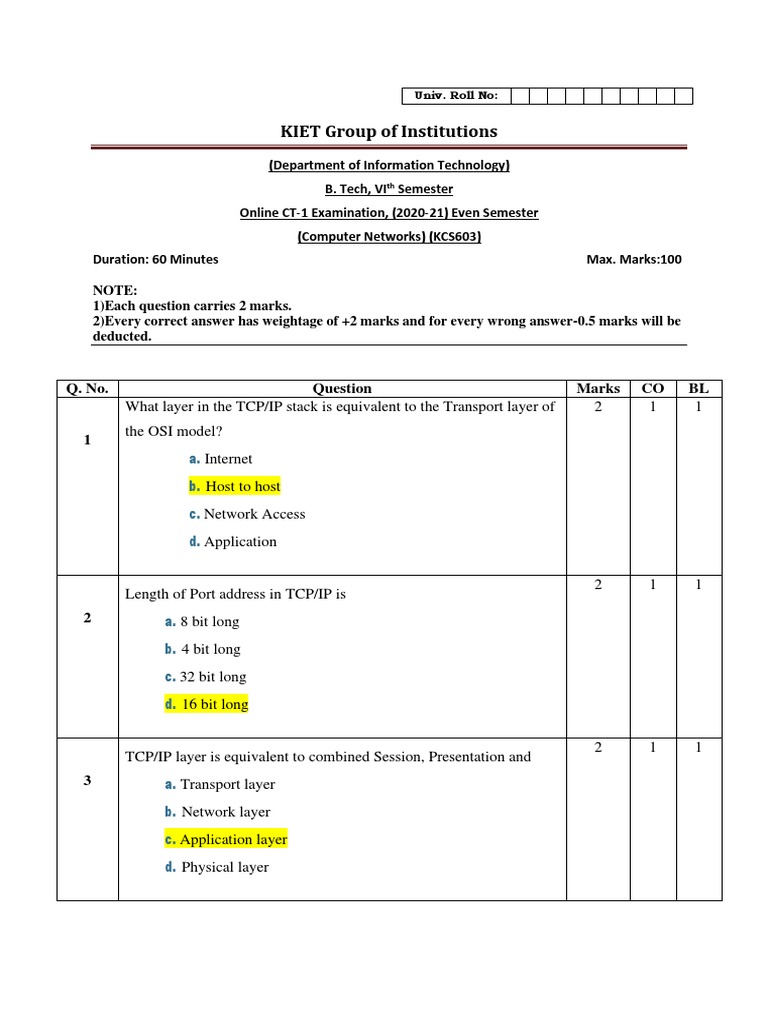 Kiet C N MCQ | PDF | Computer Network | Osi Model