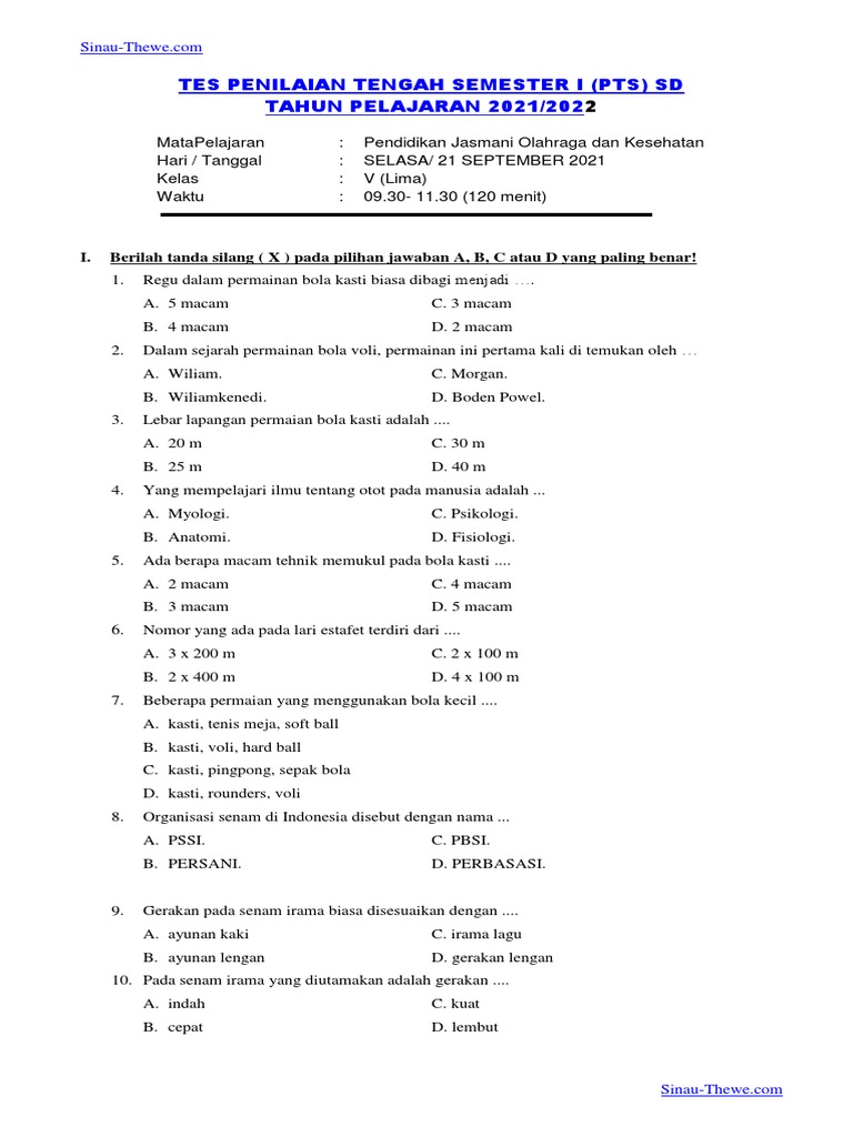 Soal & Jawaban PTS PJOK Kelas 5 Semester 1 Tahun 2021 Sinau-Thewe | PDF