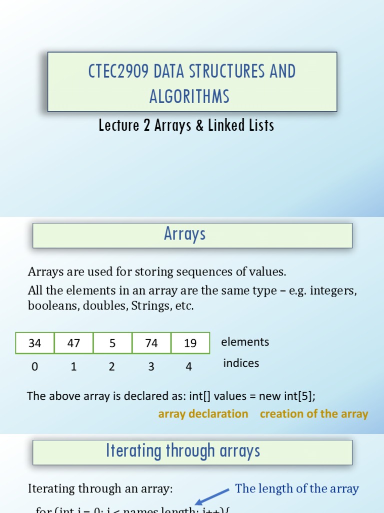 Ctec2909 Data Structures And Algorithms Lecture 2 Arrays And Linked Lists Pdf Array Data 8877