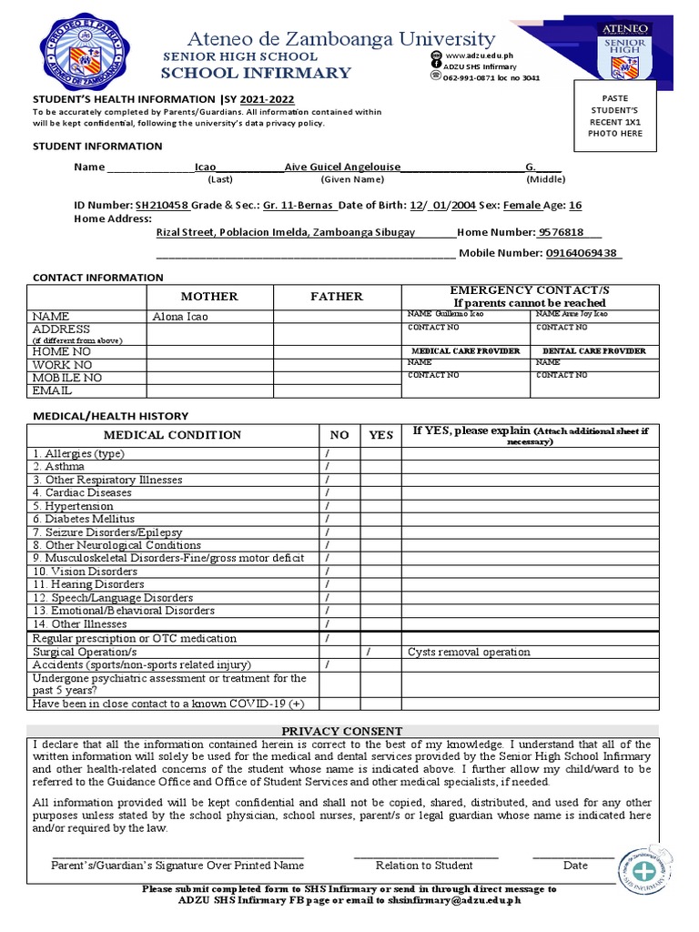 Students Health Info Form W Seal | PDF | Hospital | Clinical Medicine