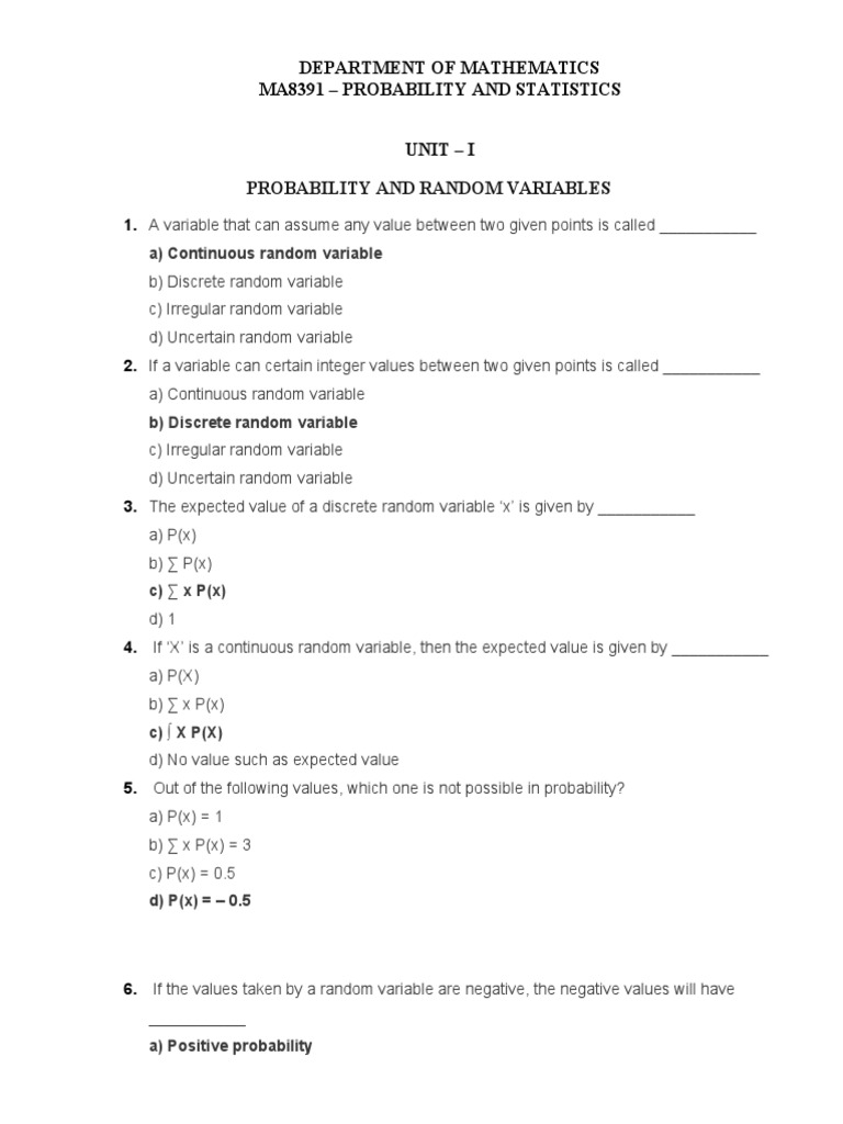 Probability and Random Variables: Department of Mathematics Ma8391 ...