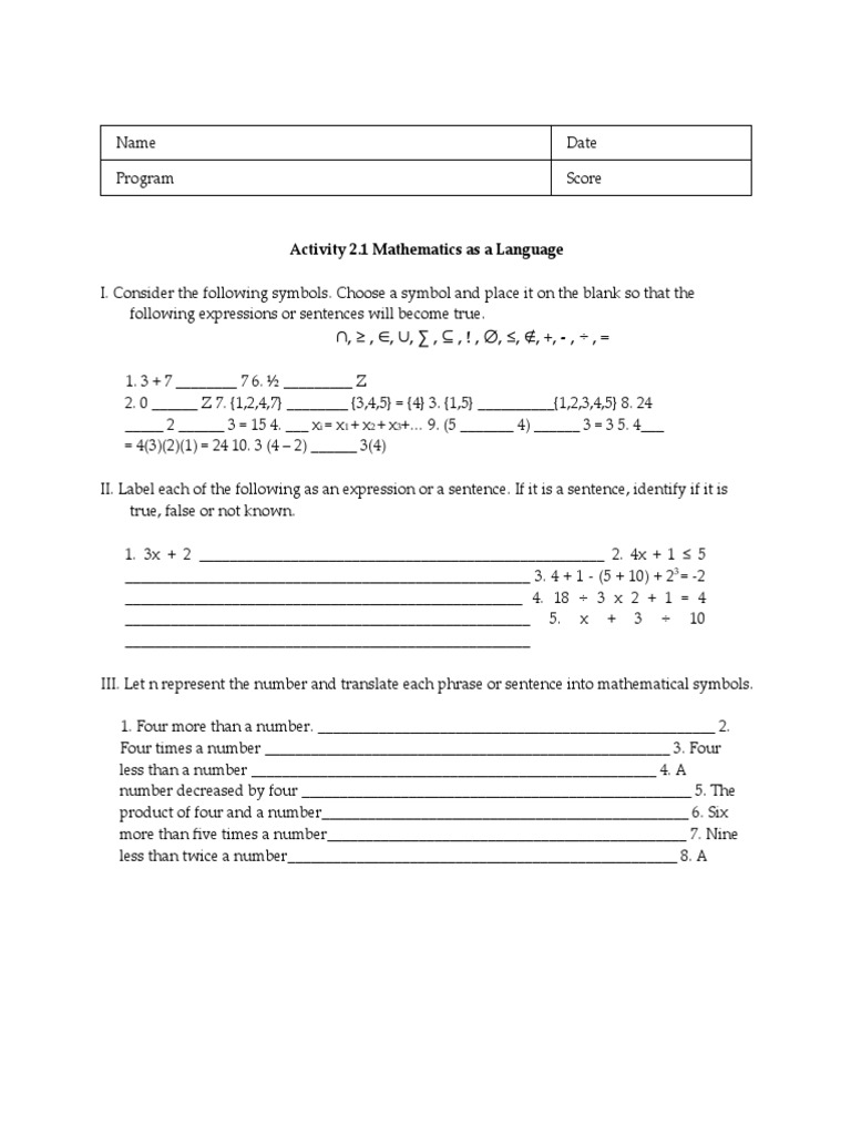 Math Symbols and Expressions Exercise | PDF | Teaching Methods & Materials