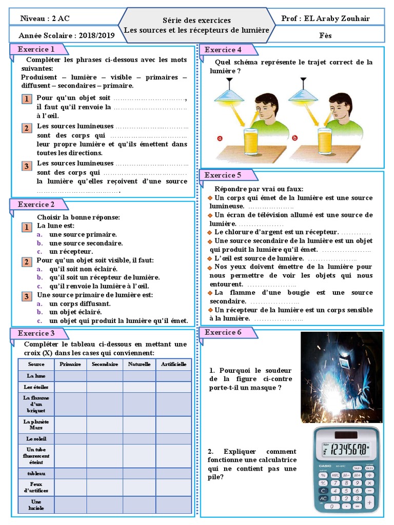 Exercices sur sources et récepteurs de lumière | PDF | Lumière | Astronomie