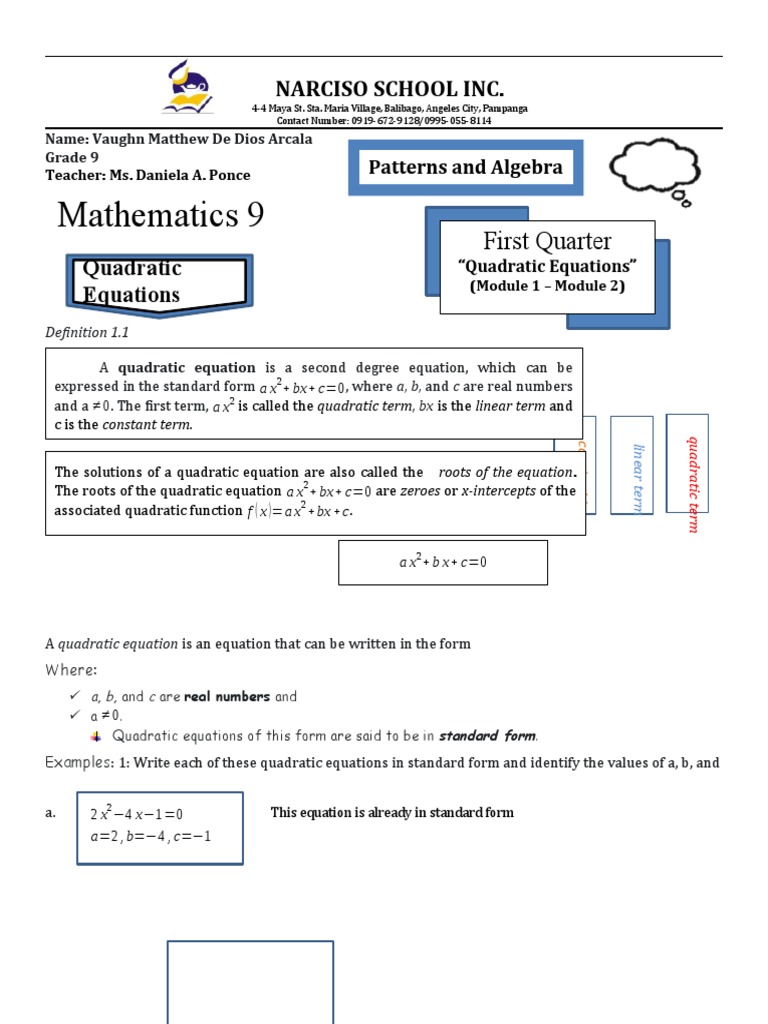 Q1 Math9Module1 Module2 Print | PDF | Quadratic Equation | Equations
