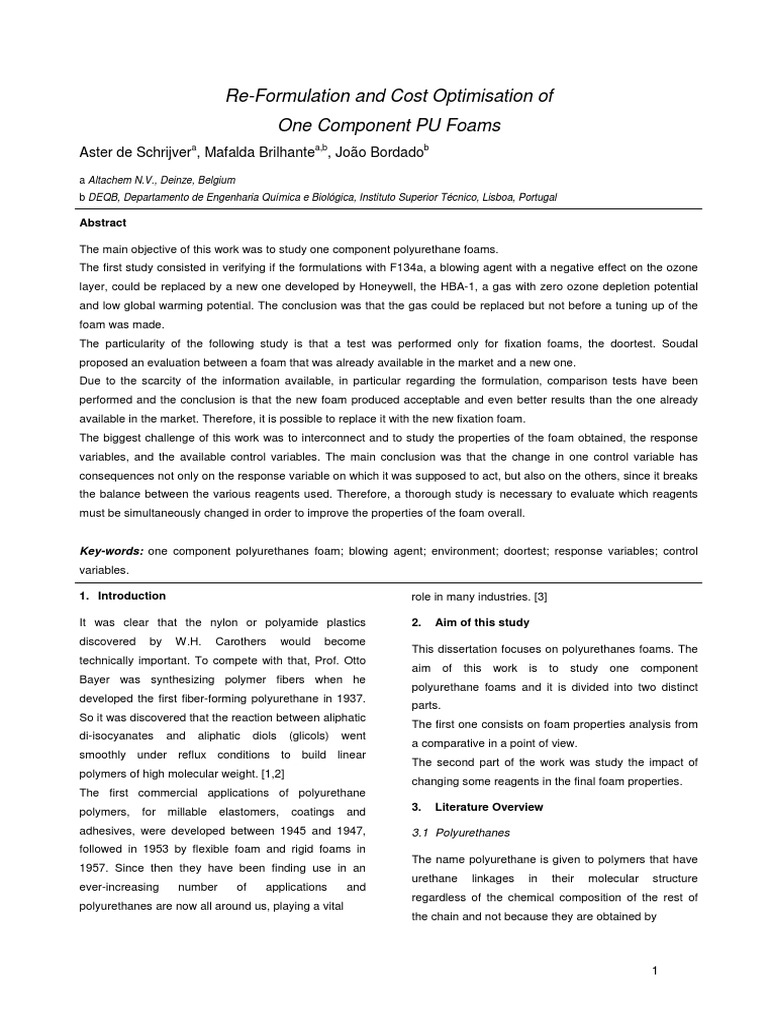 Optimizing One Component PU Foam Formulations | PDF | Polyurethane ...