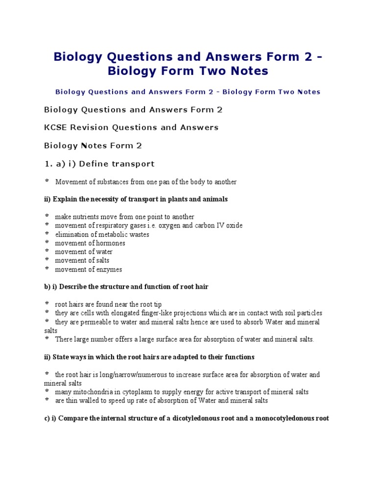 Biology Questions and Answers Form 2 | PDF | Atrium (Heart) | Artery