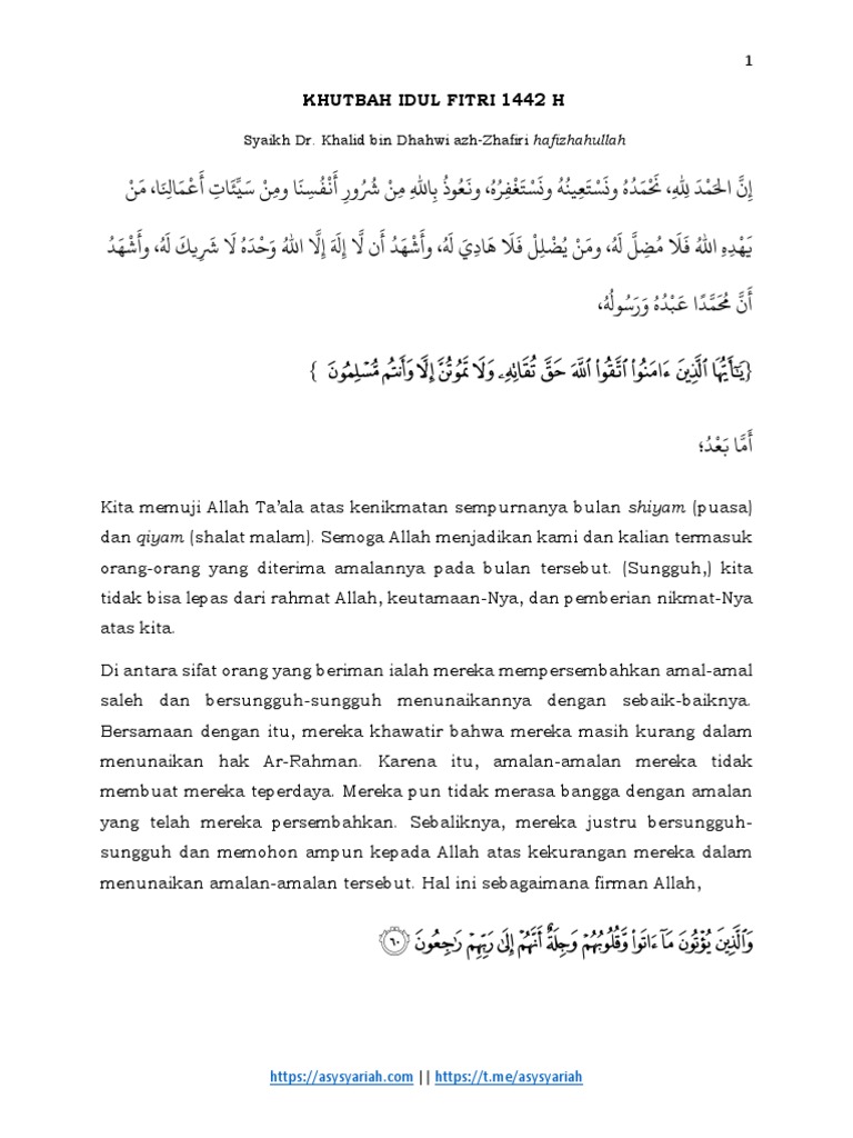 Khutbah Idul Fitri 1442 H: Syaikh Dr. Khalid Bin Dhahwi Azh-Zhafiri ...